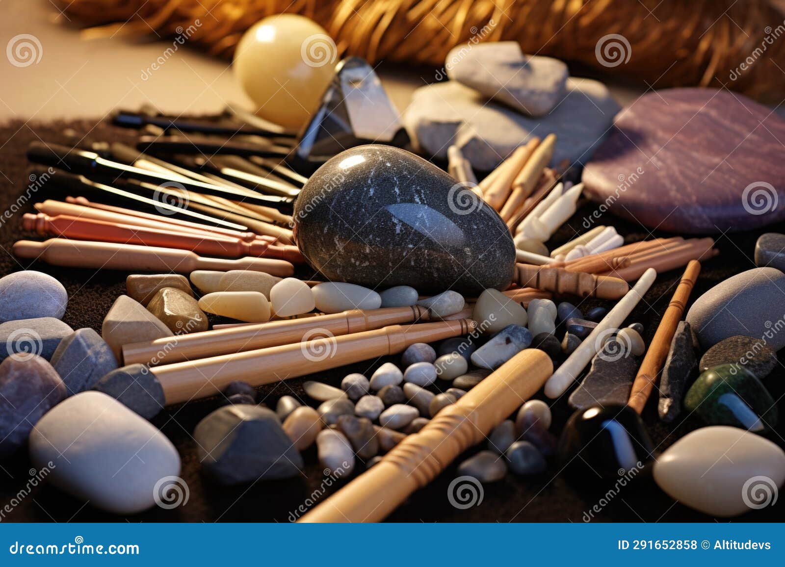 A Pile of Reflexology Tools Including Stones and Rods Stock Photo ...