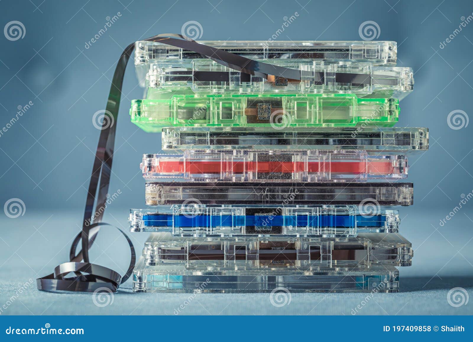Pile of Retro Cassette Tapes with an Extracted Tape Stock Photo - Image ...