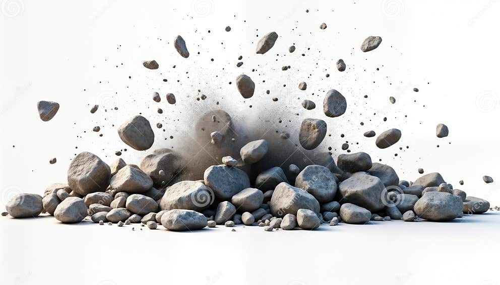 Pile of Rocks Explodes in Mid-air Against White Background. Massive ...