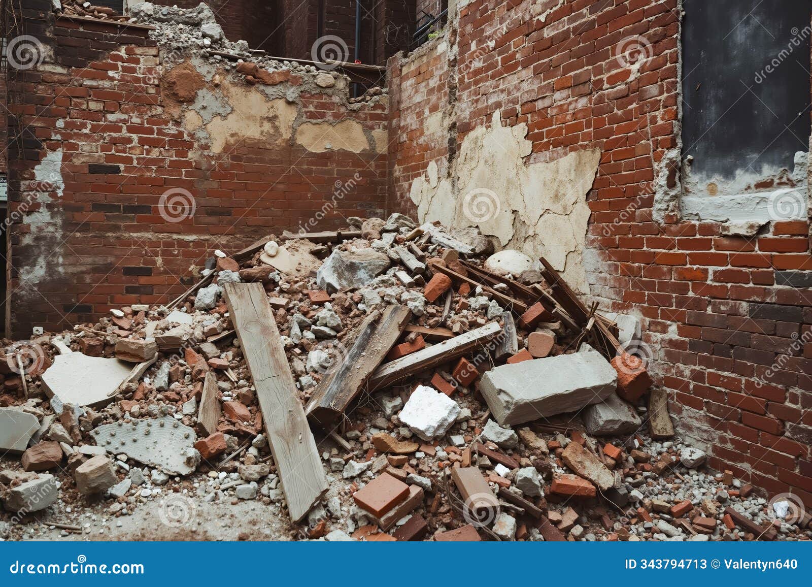 A Pile Of Rubble In Front Of A Brick Building Royalty-Free Stock ...