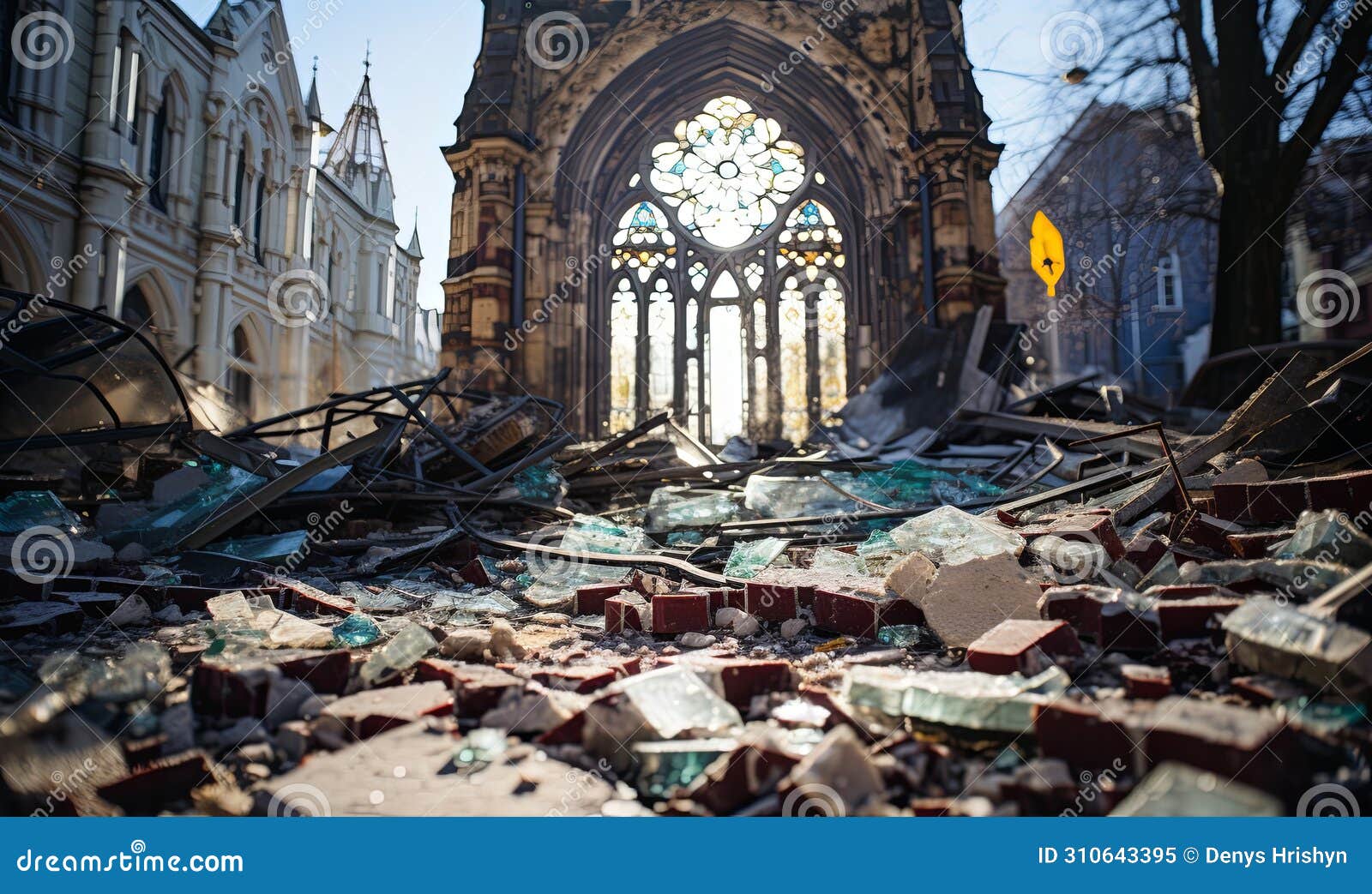 Debris in Front of Church stock image. Image of shattered - 310643395