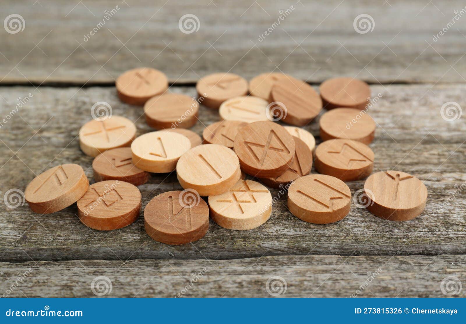 Pile of Runes with Different Symbols on Wooden Table Stock Photo ...