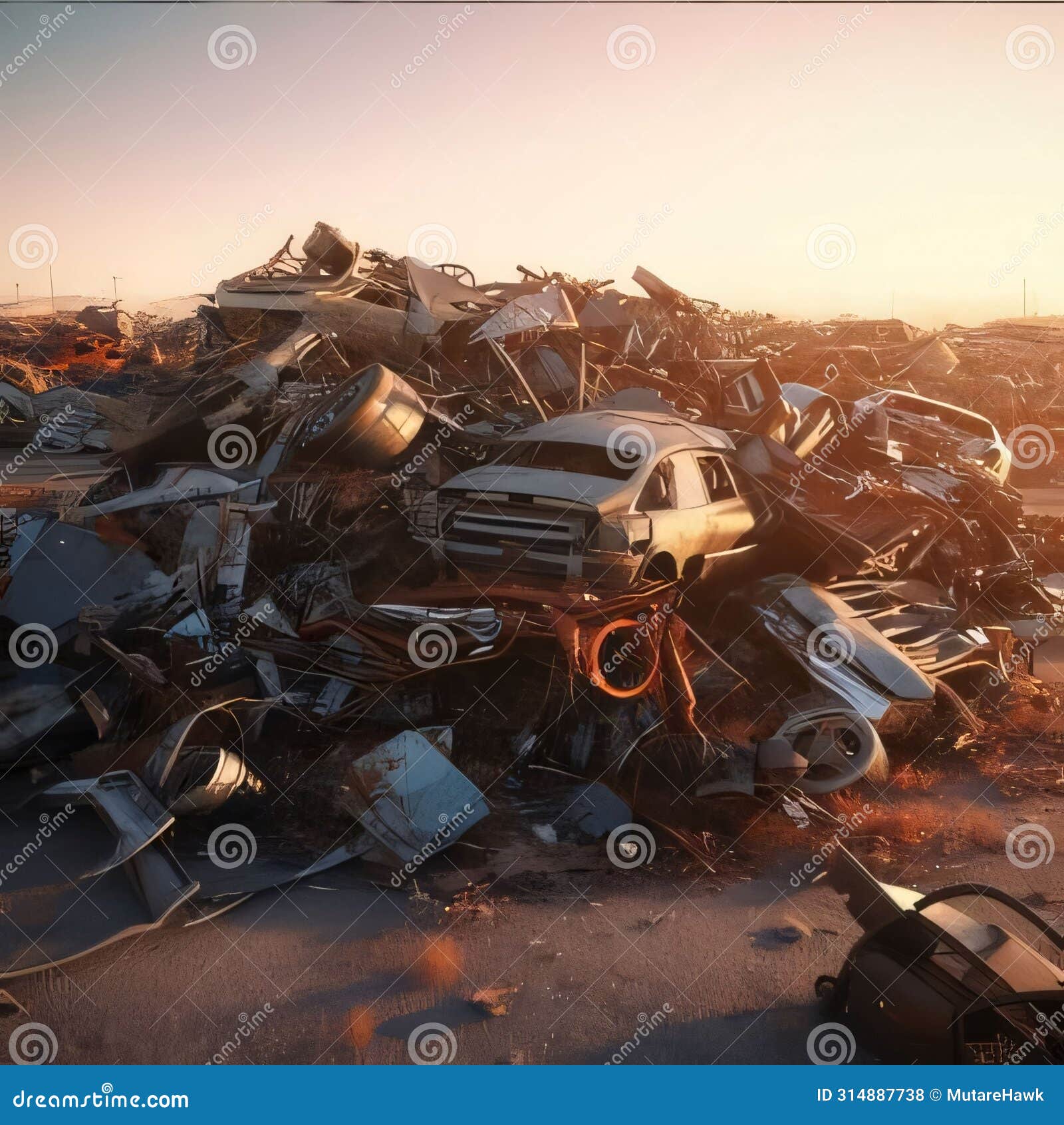 Pile of Scrap Metal in a Junkyard at Sunset Stock Illustration ...