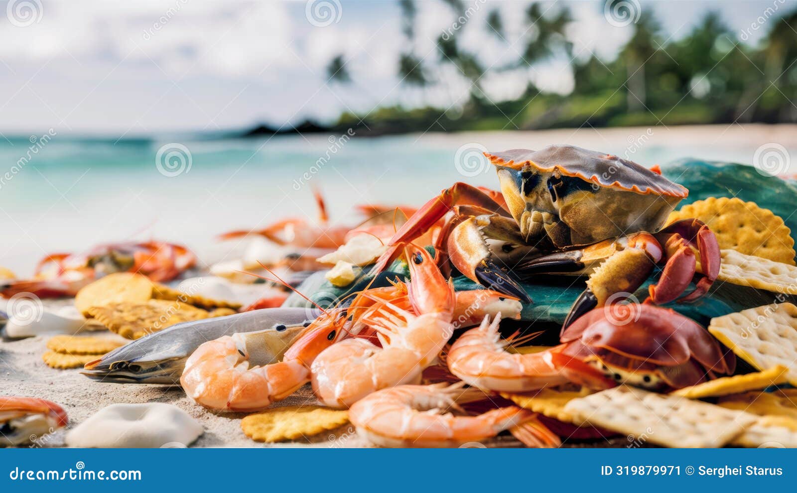 A Pile of Seafood on a Beach with Shells and Crabs, AI Stock Image ...