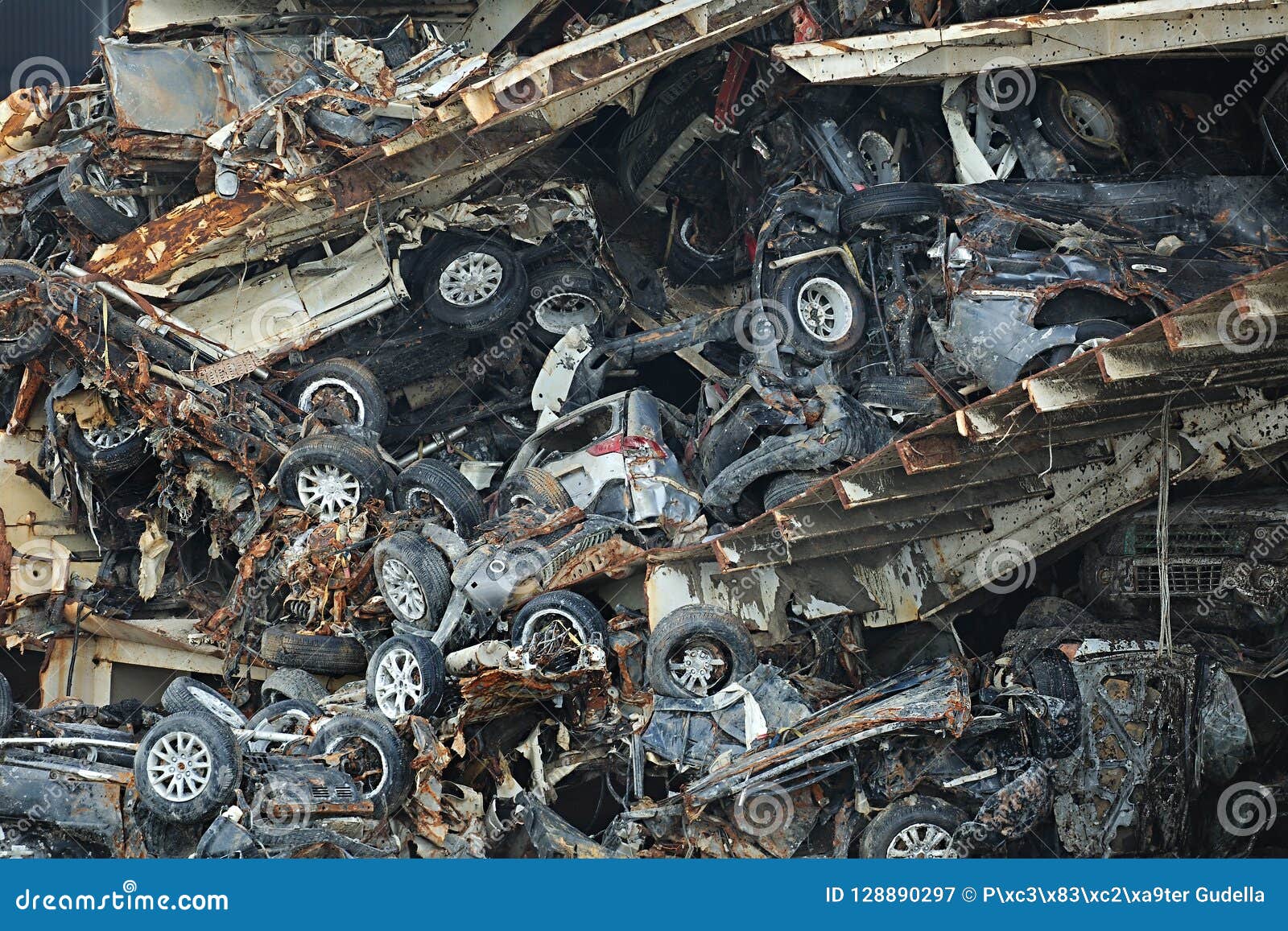 Pile of smashed car wrecks stock image. Image of junk - 128890297