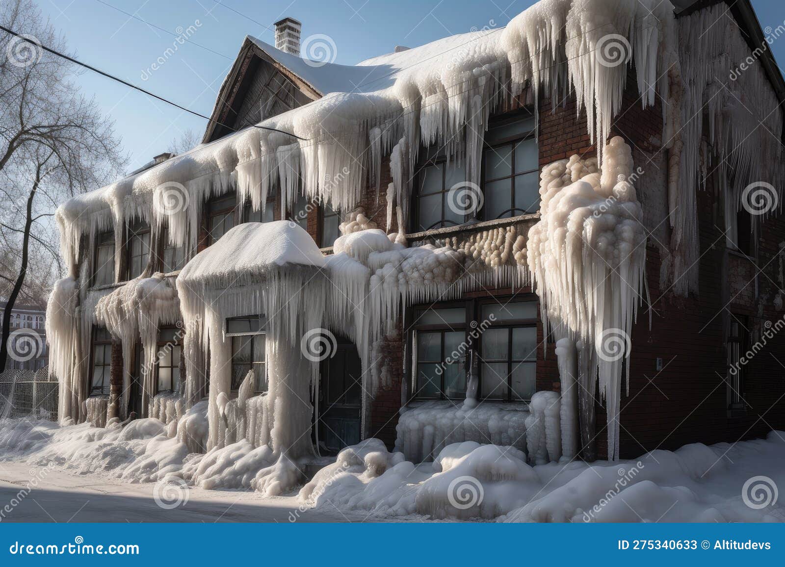Pile of Snow, with Icicles Hanging from the Roof and Windows Stock ...