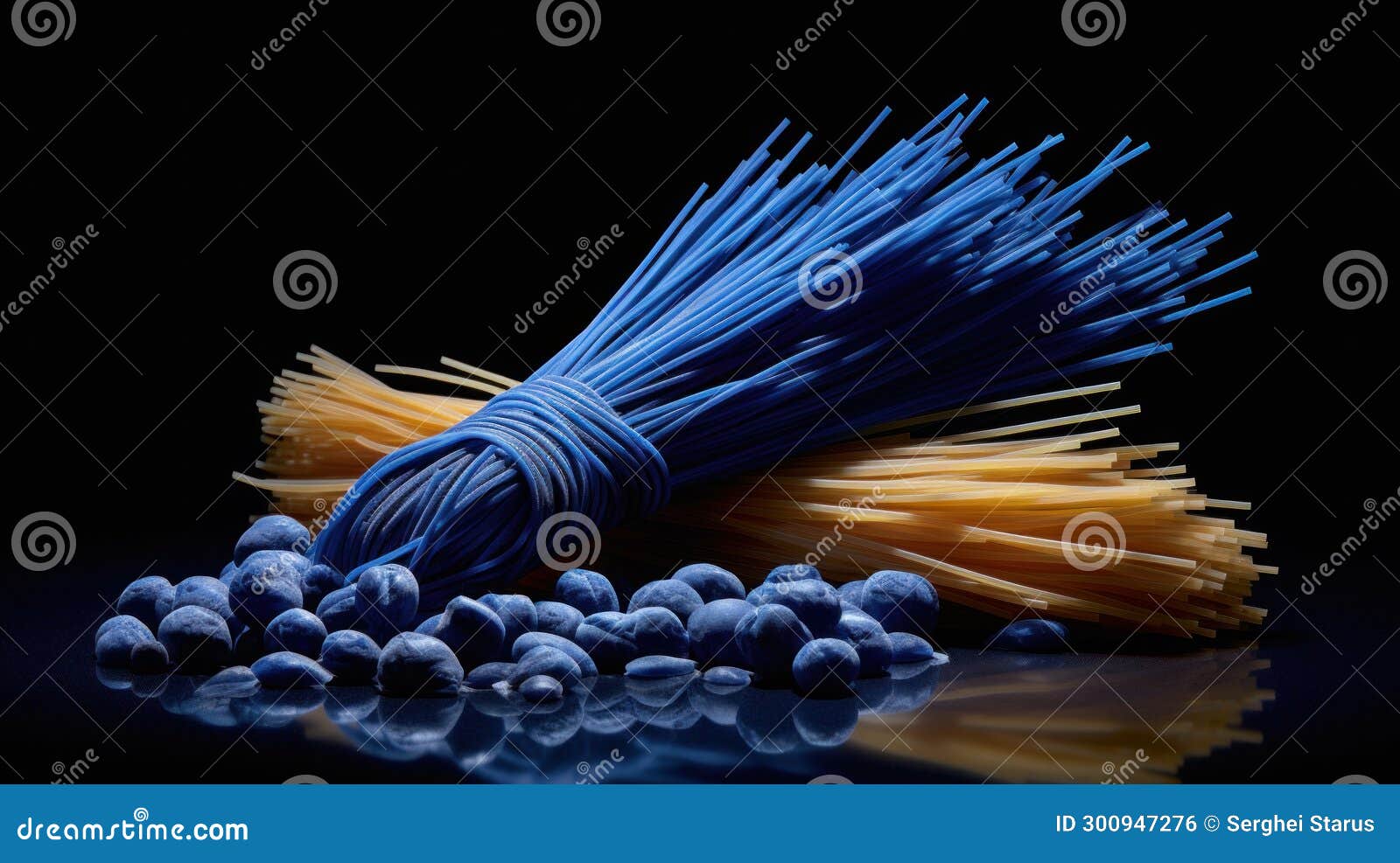 A Pile of Spaghetti and Pasta with Blue Balls on a Black Background, AI ...