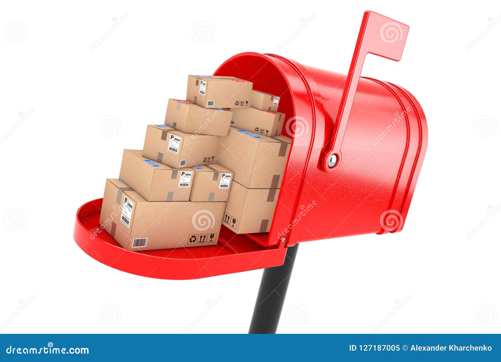 Pile of Stacked Cardboard Boxes Parcels in Red Mailbox. 3d Rendering ...