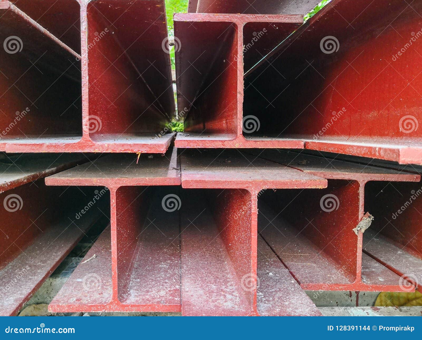 Pile of Steel Beam Paint Red Color Preparing for Structure Stock Photo ...