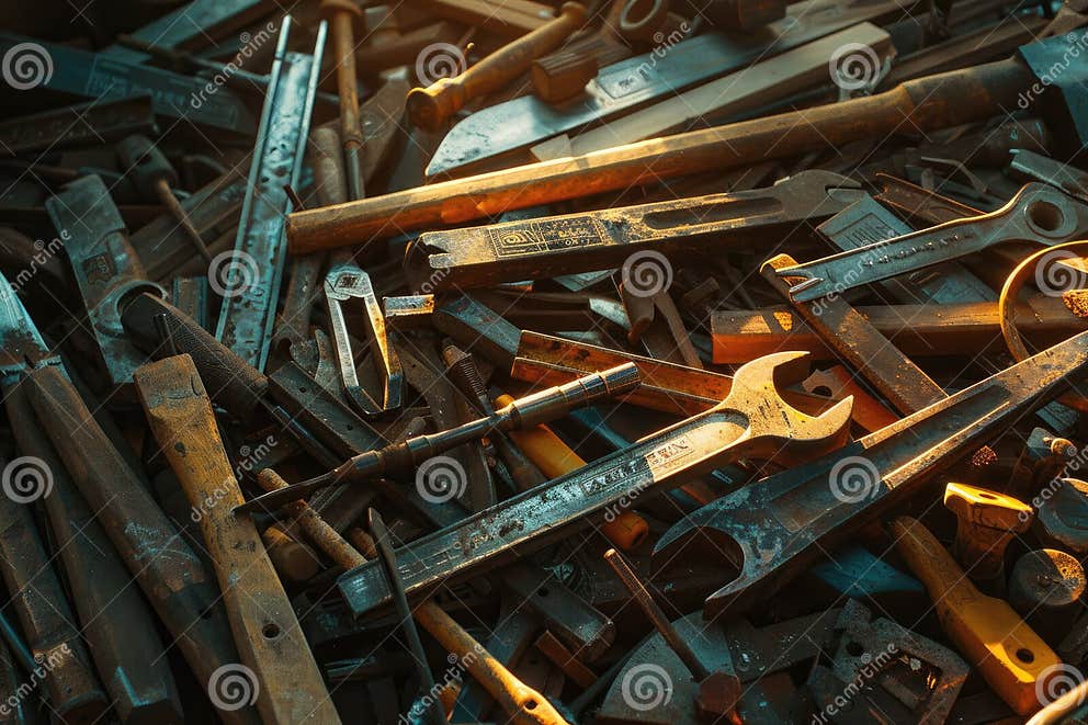 A Pile of Tools in Warm Light, Building and Measuring Tools, Generative ...