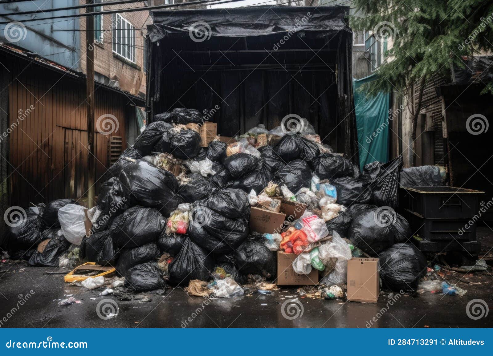 Pile of Trash Bags Surrounding an Overfilled Dumpster Stock ...