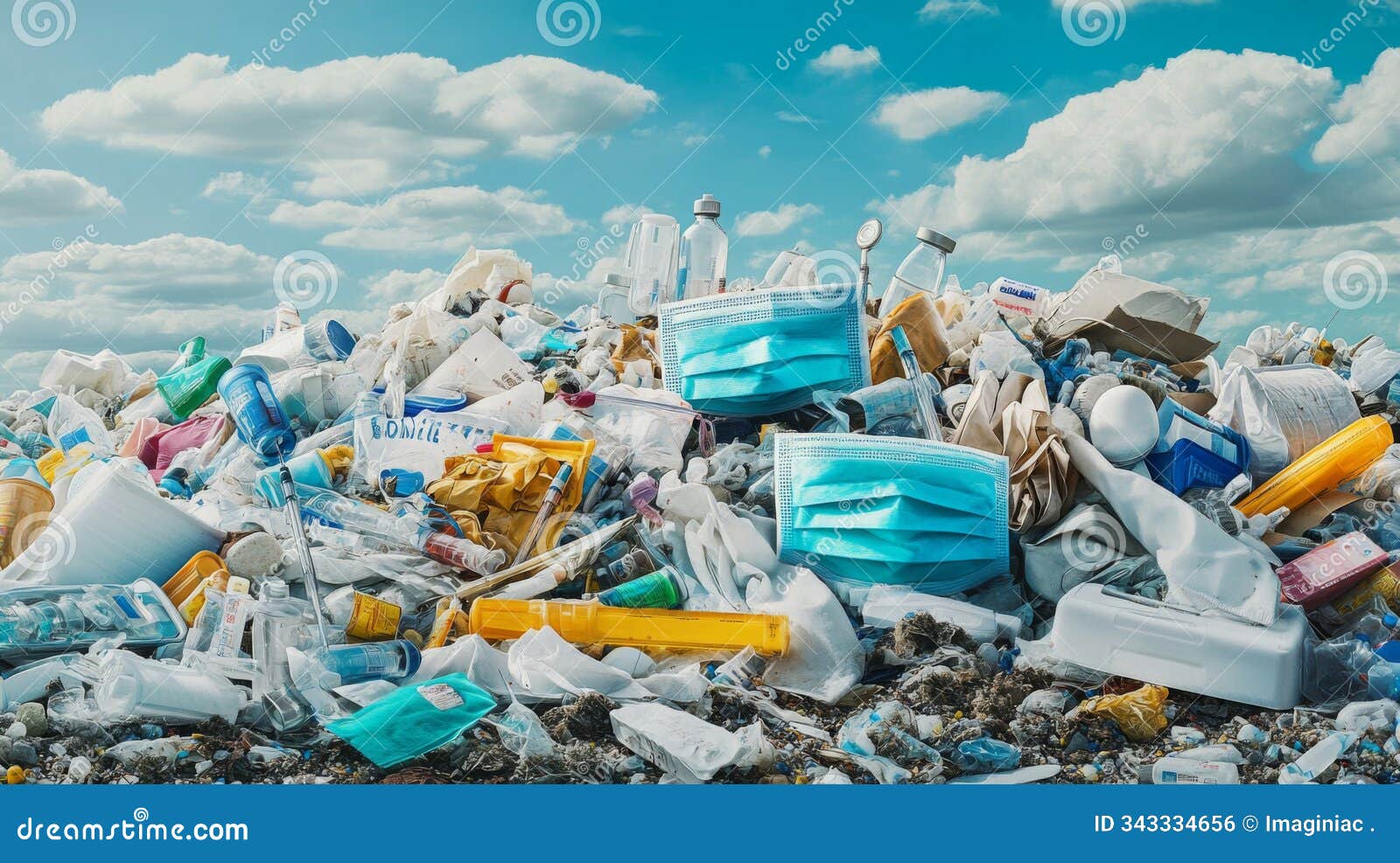 A Pile of Trash and Plastic Waste with Two Blue Surgical Masks Stock ...