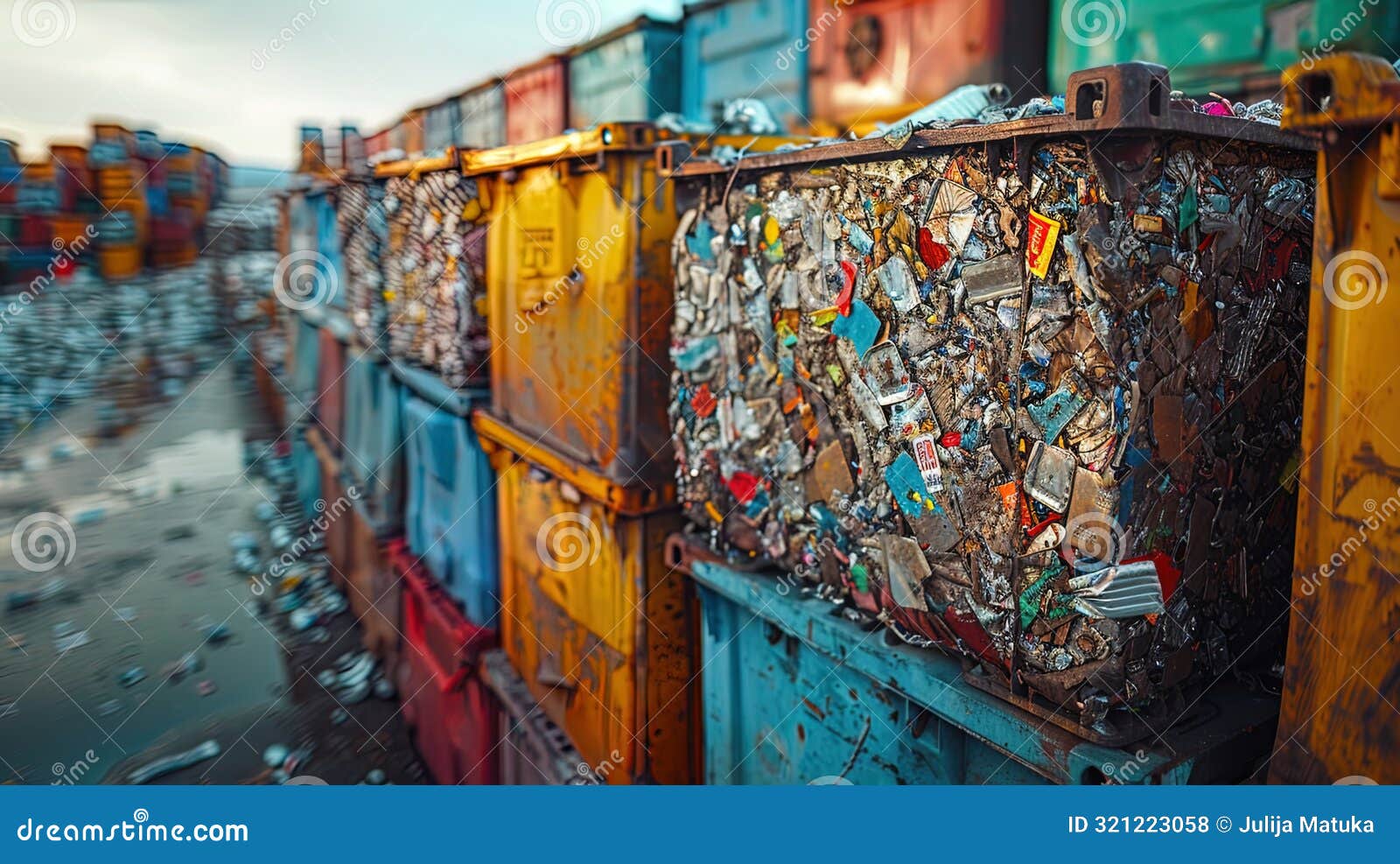 A Pile of Trash is Stacked in a Row of Containers Stock Photo - Image ...