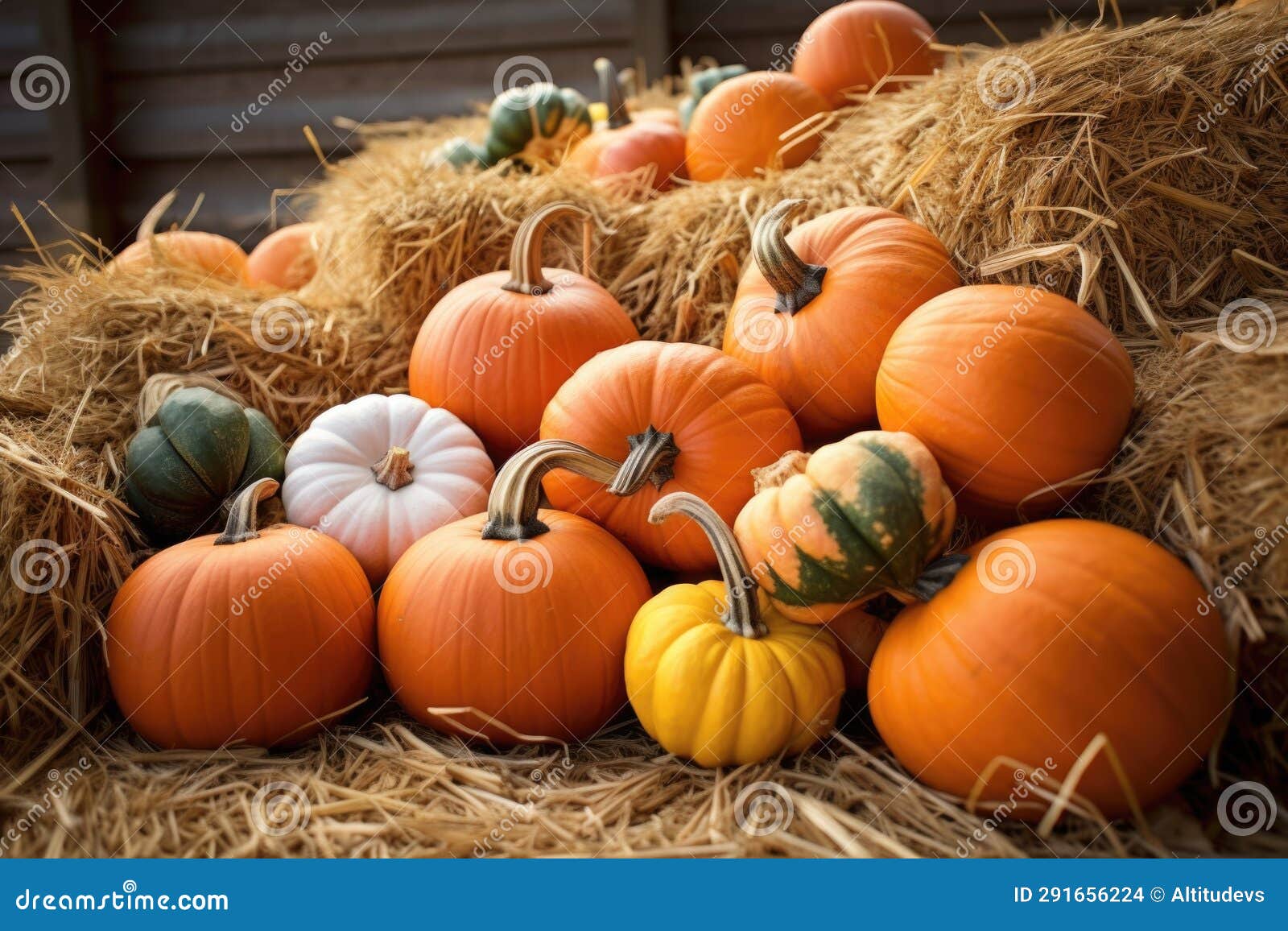 Pile of Varied Pumpkins on a Hay Bale Stock Photo - Image of farm, agriculture: 291656224