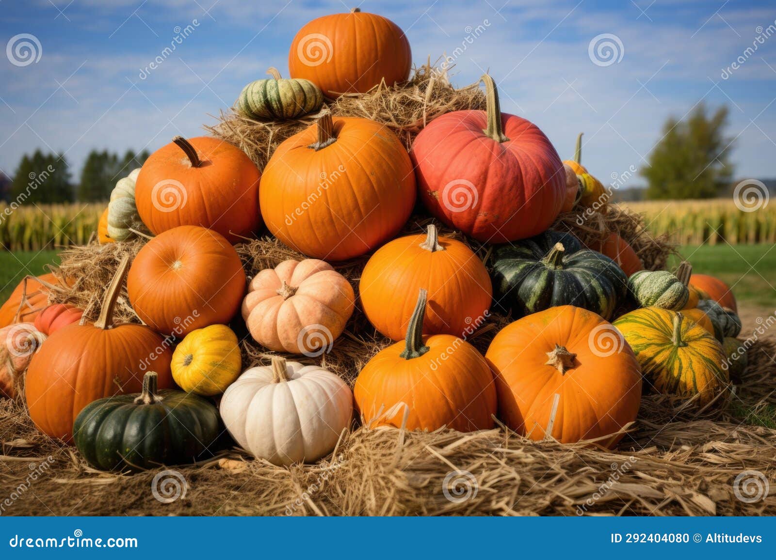 Pile of Varied Pumpkins on a Hay Bale Stock Photo - Image of pumpkins ...