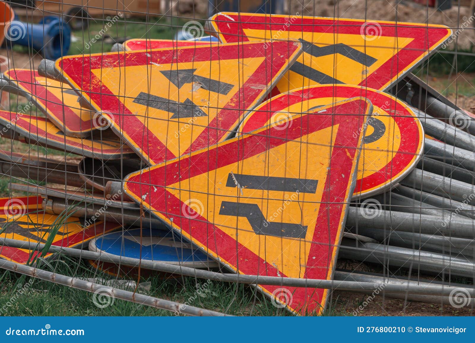 Pile of Various Traffic Signs on Road Maintenance Construction Site ...