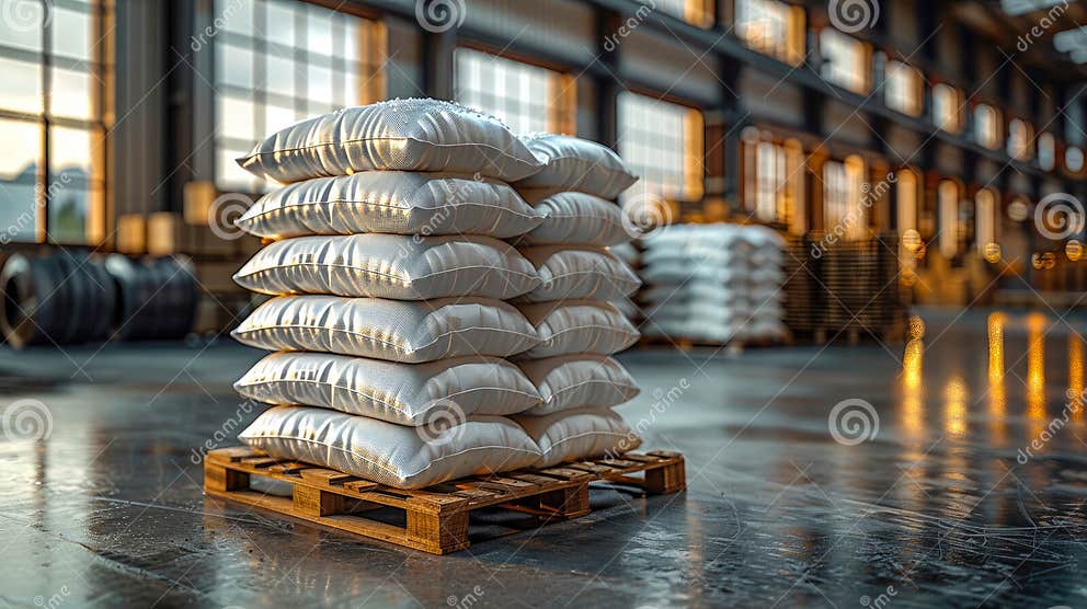 Pile of White Sacks on a Pallet in a Warehous Stock Illustration ...
