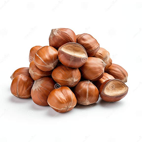 Pile of Whole Hazelnuts with One Open Nut on White Background Stock ...