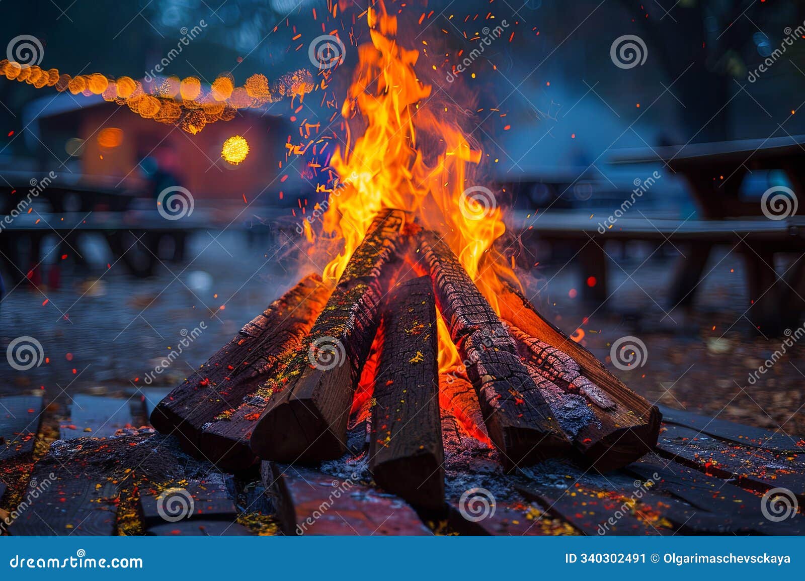 Pile of Wood is Burning in a Fire Pit. the Scene is Set in a Park with ...