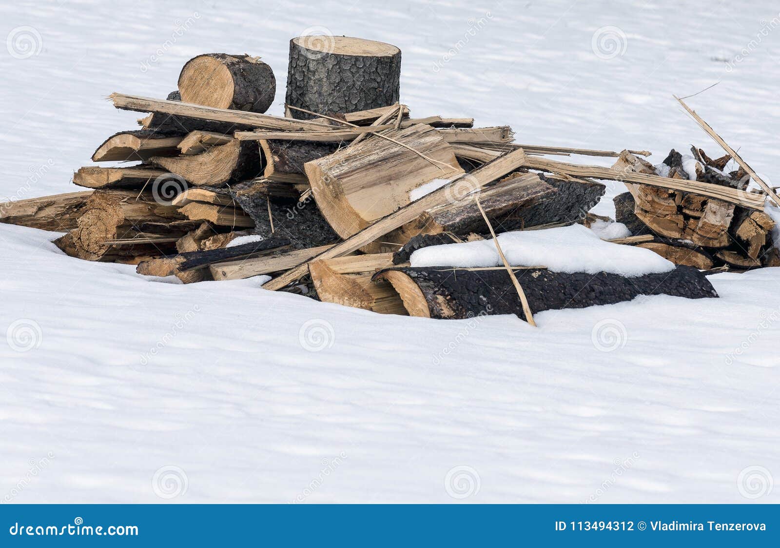 A Pile of Wood and Logs in the Snow Stock Photo - Image of nature, fire ...