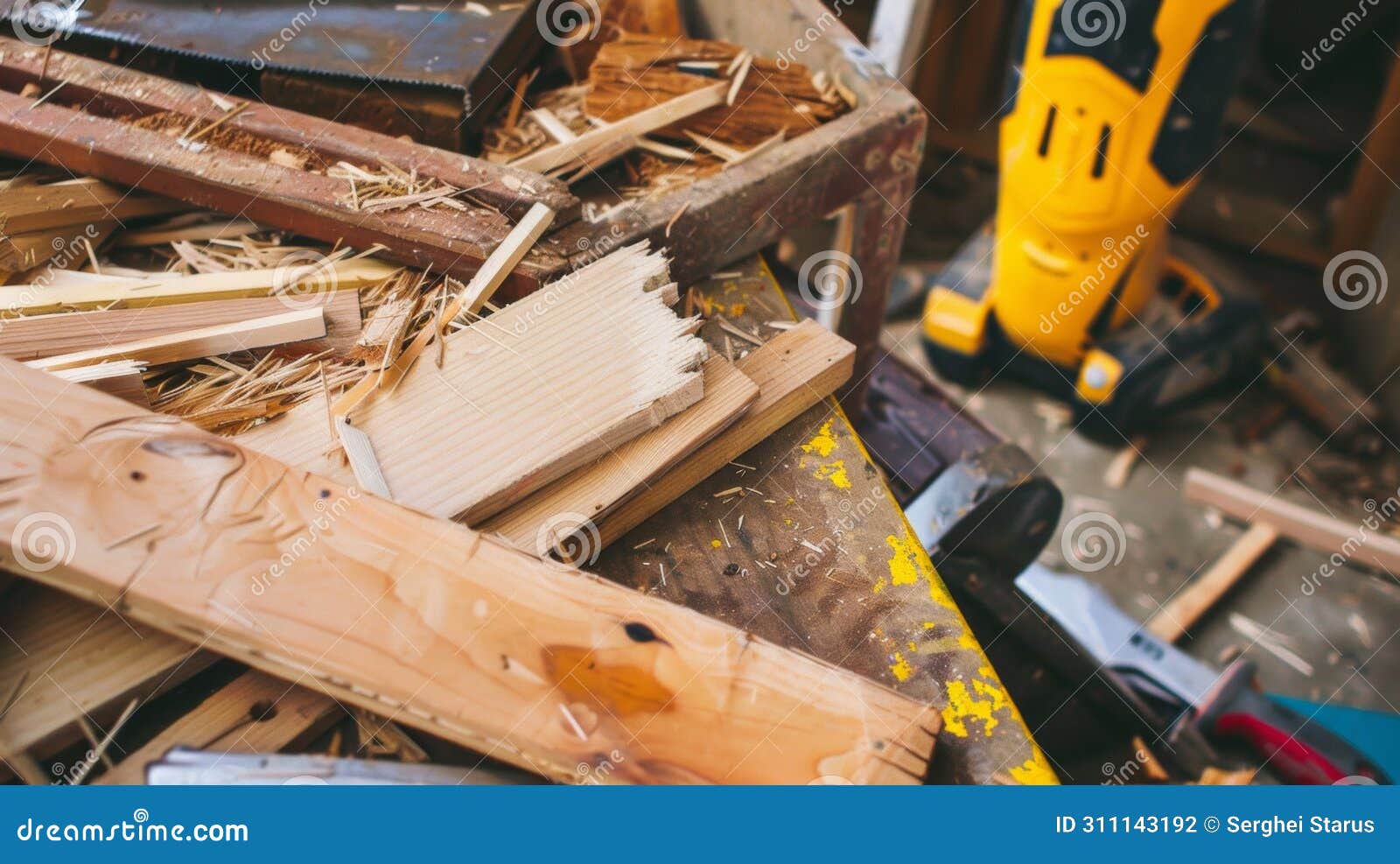 A Pile of Wood and a Yellow Tool Sitting on Top, AI Stock Photo - Image ...