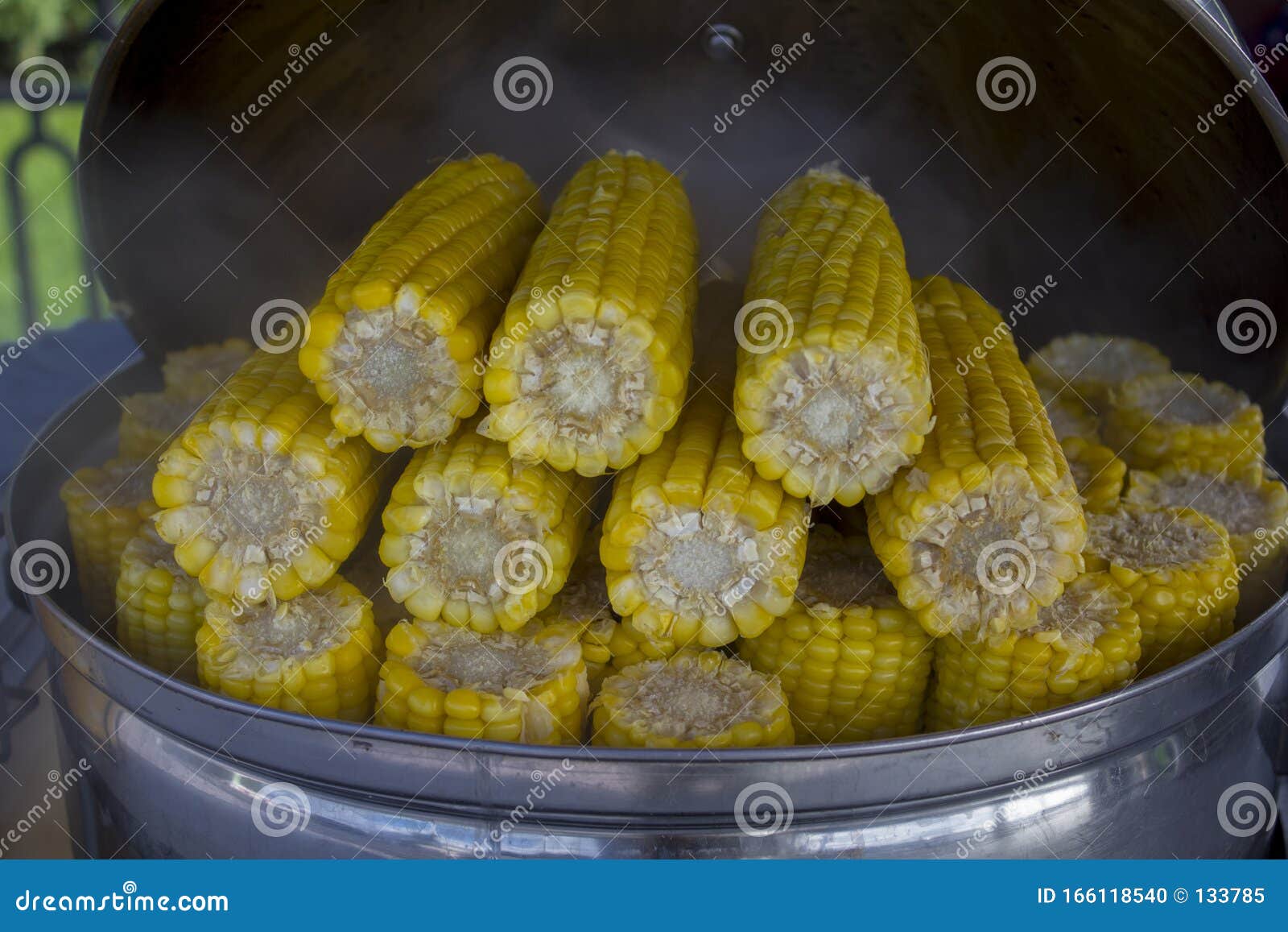 A Pile of Yellow Boiled Ears of Corn in a Pan with Hot Steam Stock ...