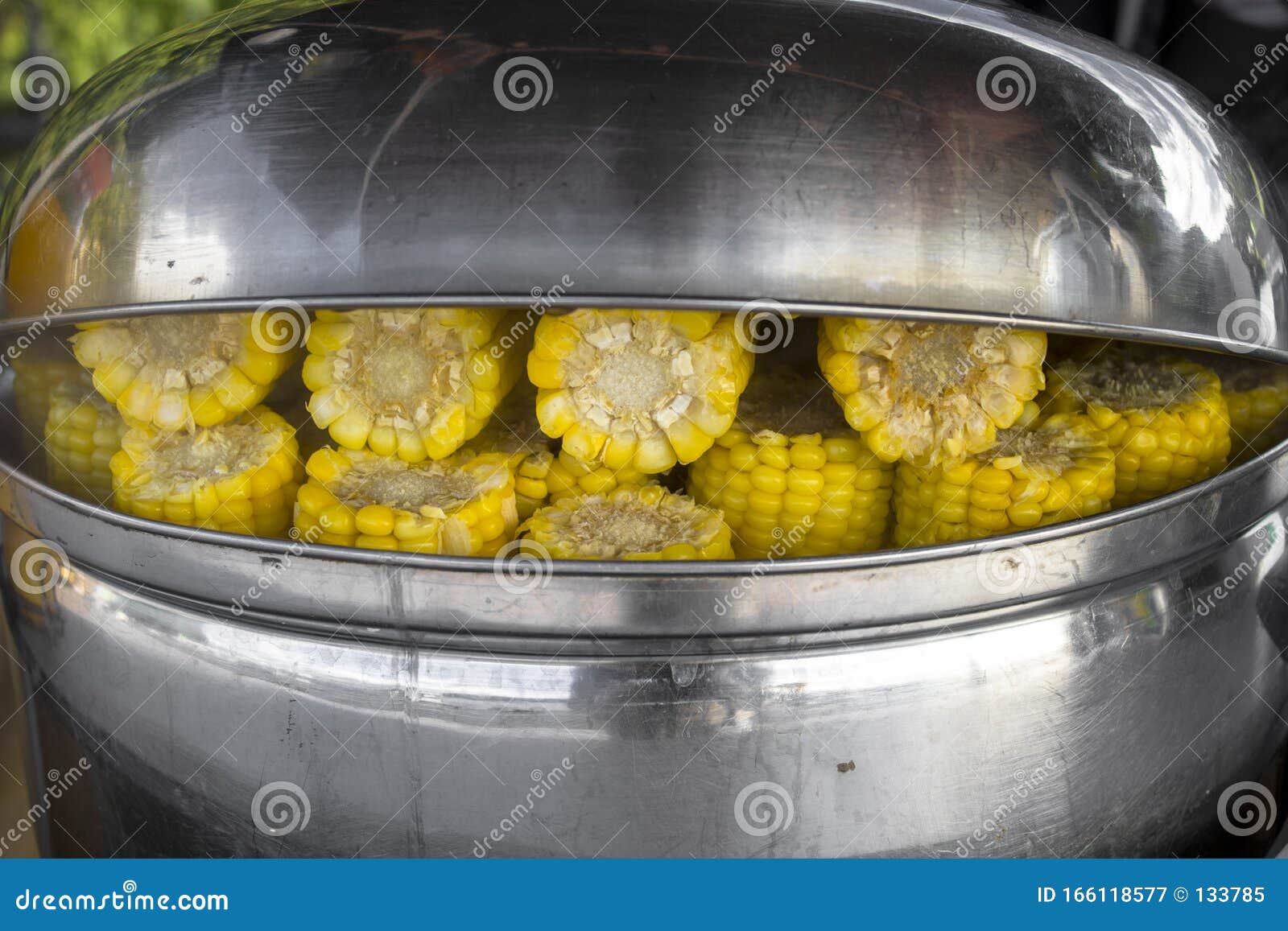 Pile of Yellow Boiled Ears of Corn in a Pan Under a Lid with Hot Steam ...