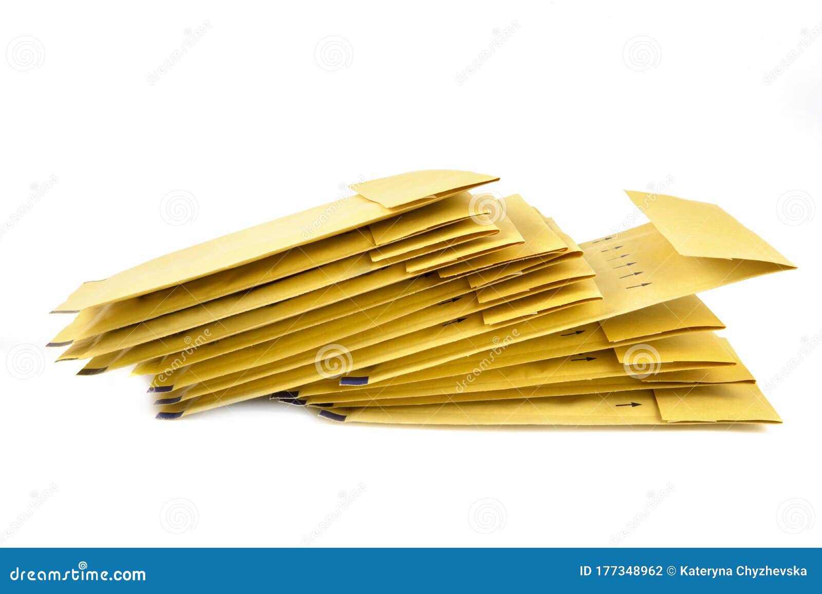A Pile of Yellow Packing Envelopes Isolated on White Stock Photo ...