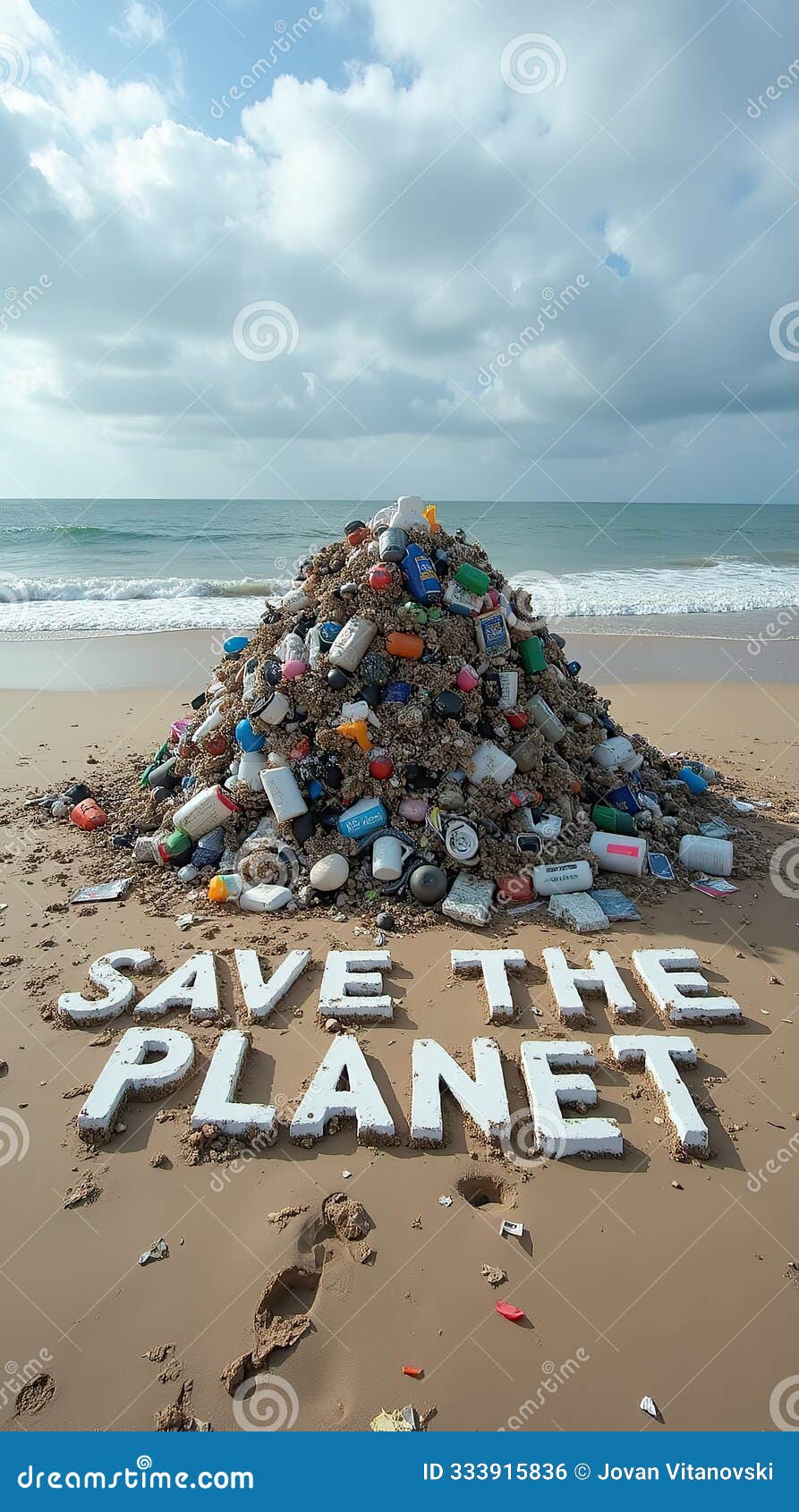 Environmental Message on Beach with Garbage Pile and Save the Planet ...