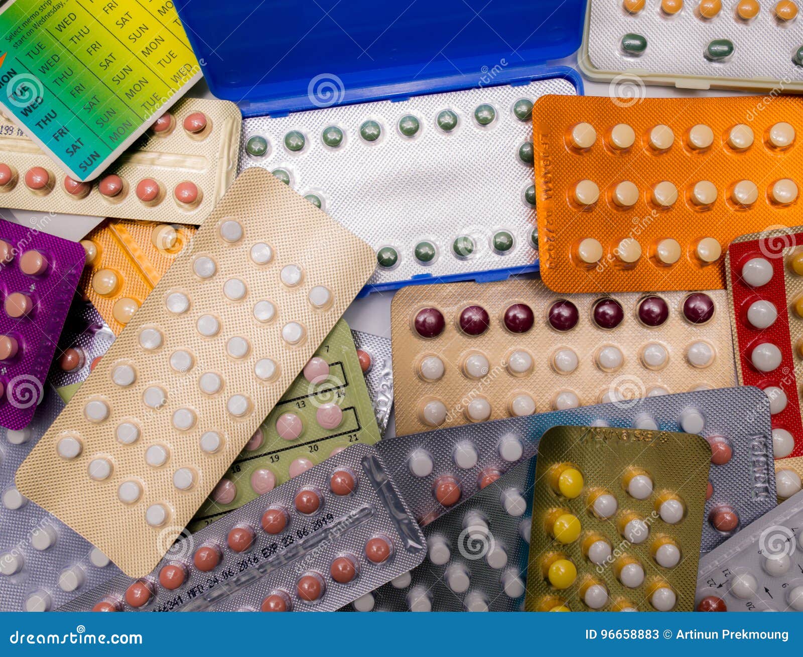 Piles of Colorful Contraceptive Pills with Modern Packaging Stock Image ...
