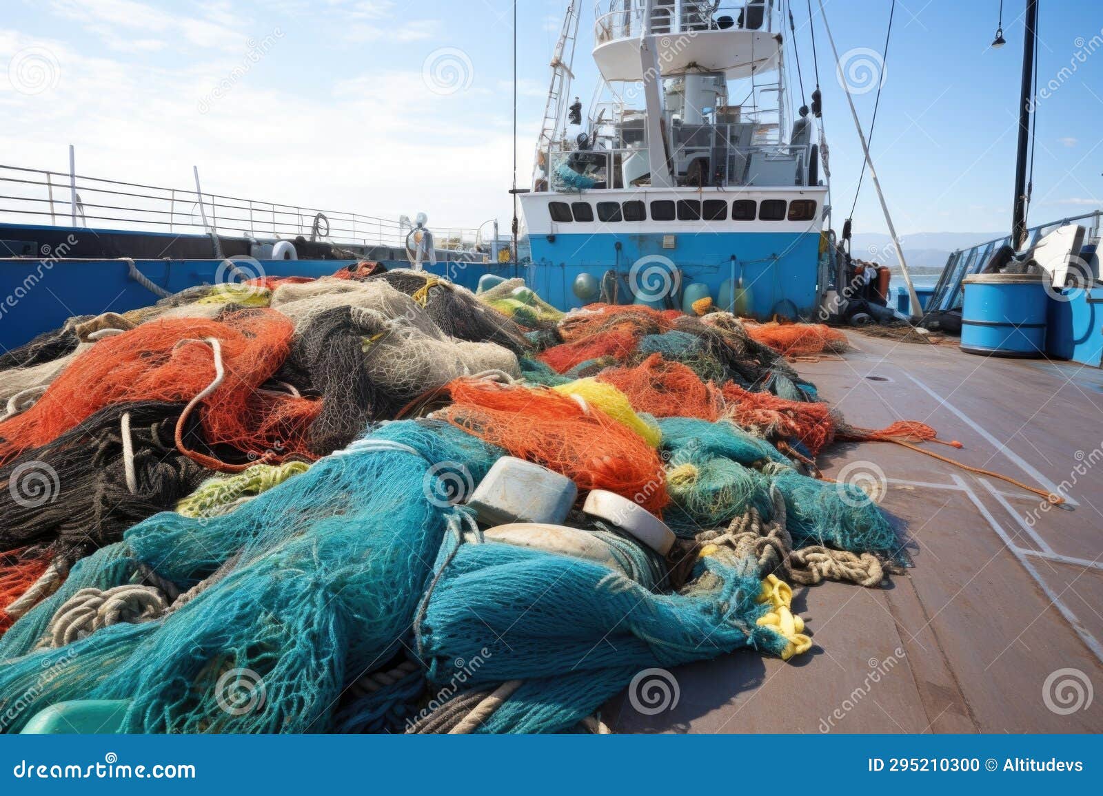 Piles of Commercial Fishing Nets on Ship Deck Stock Photo - Image of ...