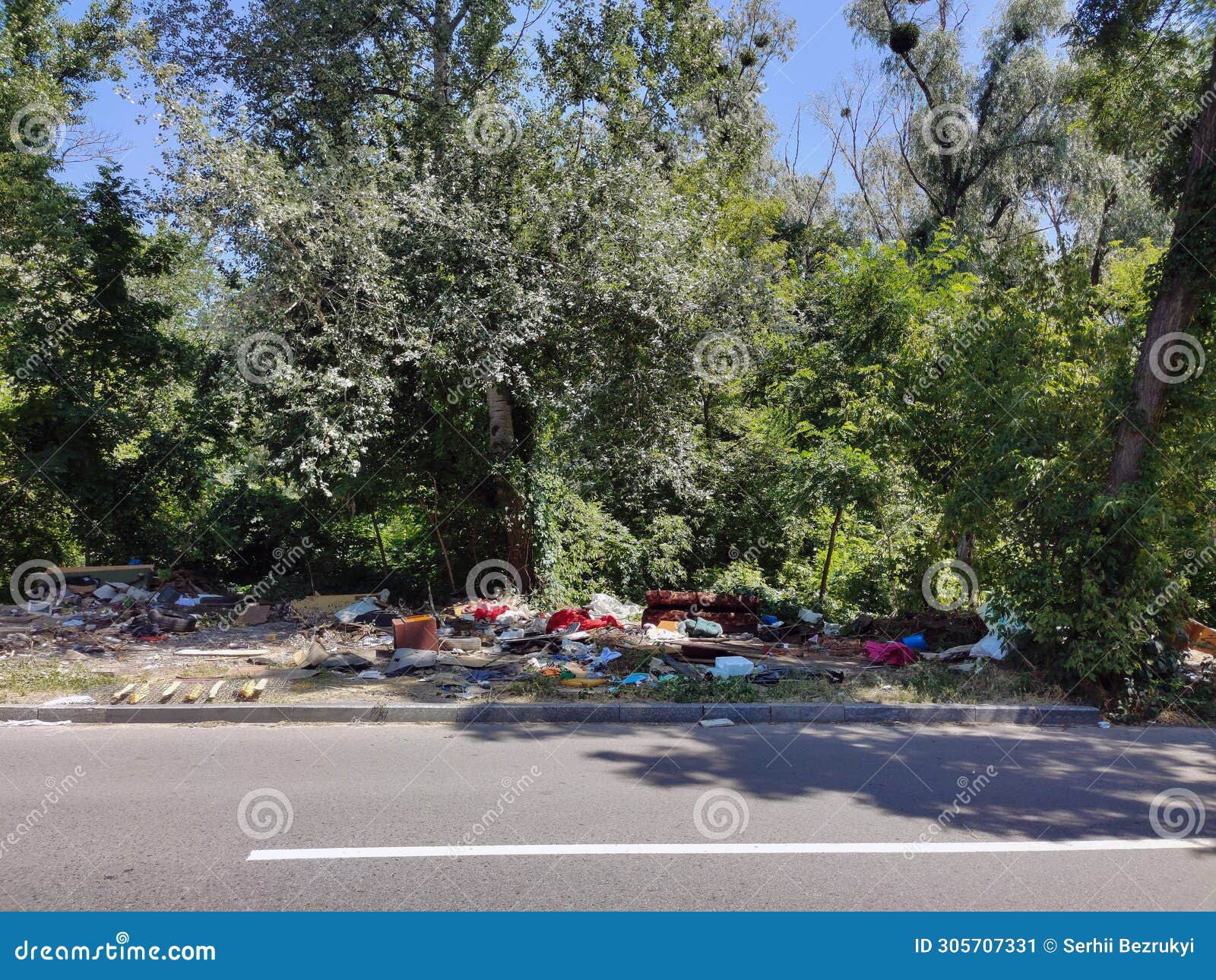 Piles of Garbage are Scattered on the Side of the Road Near the Forest ...