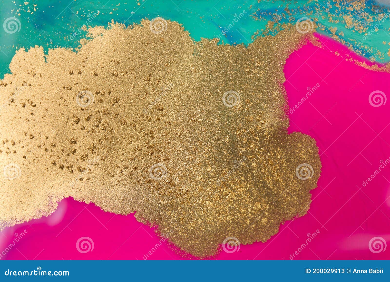 Piles of Gold Sequins on Blue and Pink Smudges of Paint. Abstract ...