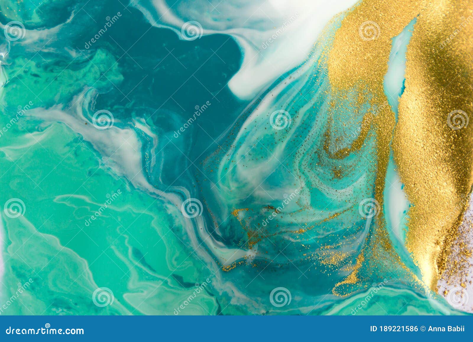 Piles of Gold Sequins on Green and Blue Smudges of Paint. Abstract ...