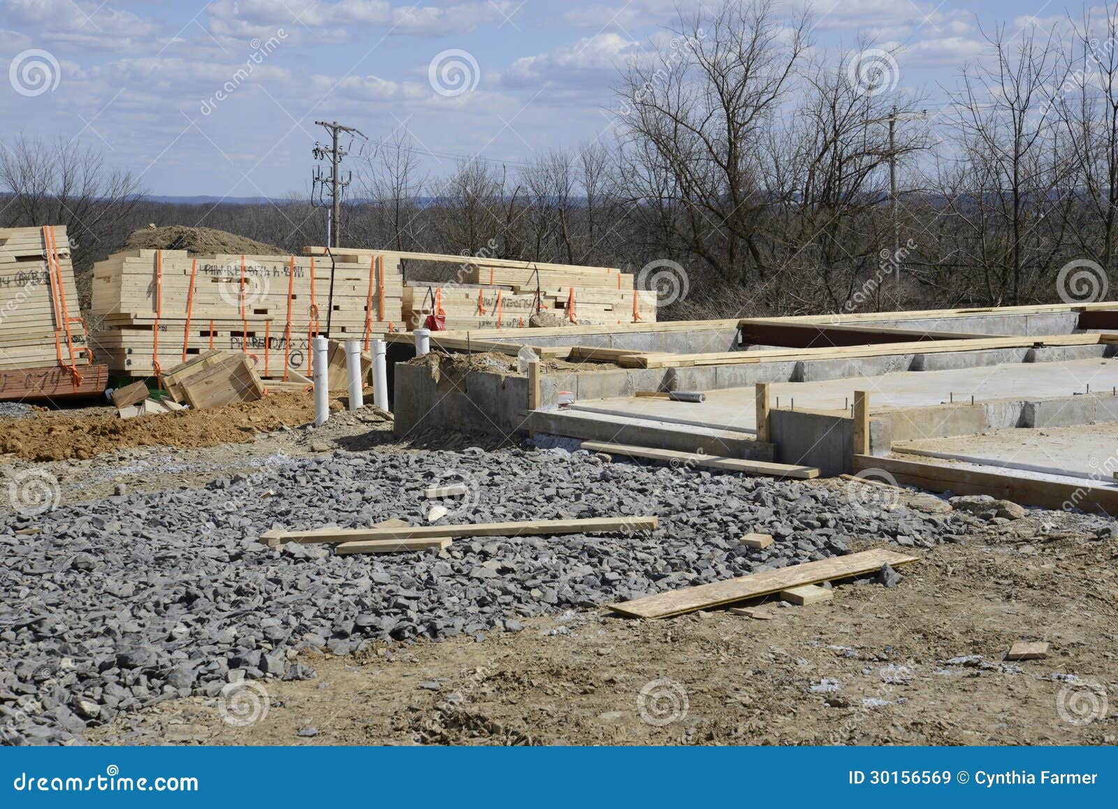 Wood by a Cement Foundation for a New Home Construction Stock Image ...
