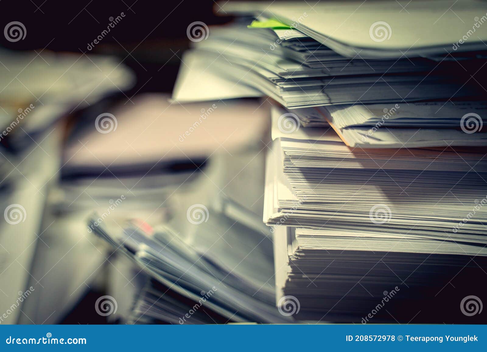 Piles of Papers in a Dark Filing Room Stock Photo - Image of management ...