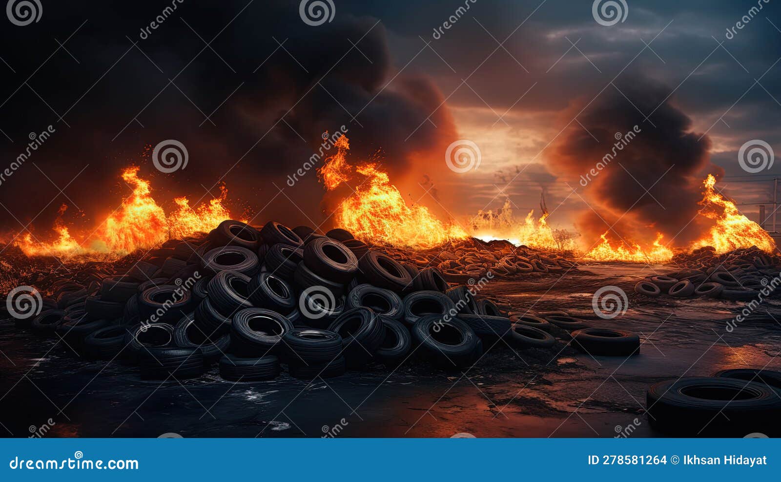 Piles of Tires on Fire, Plumes of Smoke Stock Illustration ...