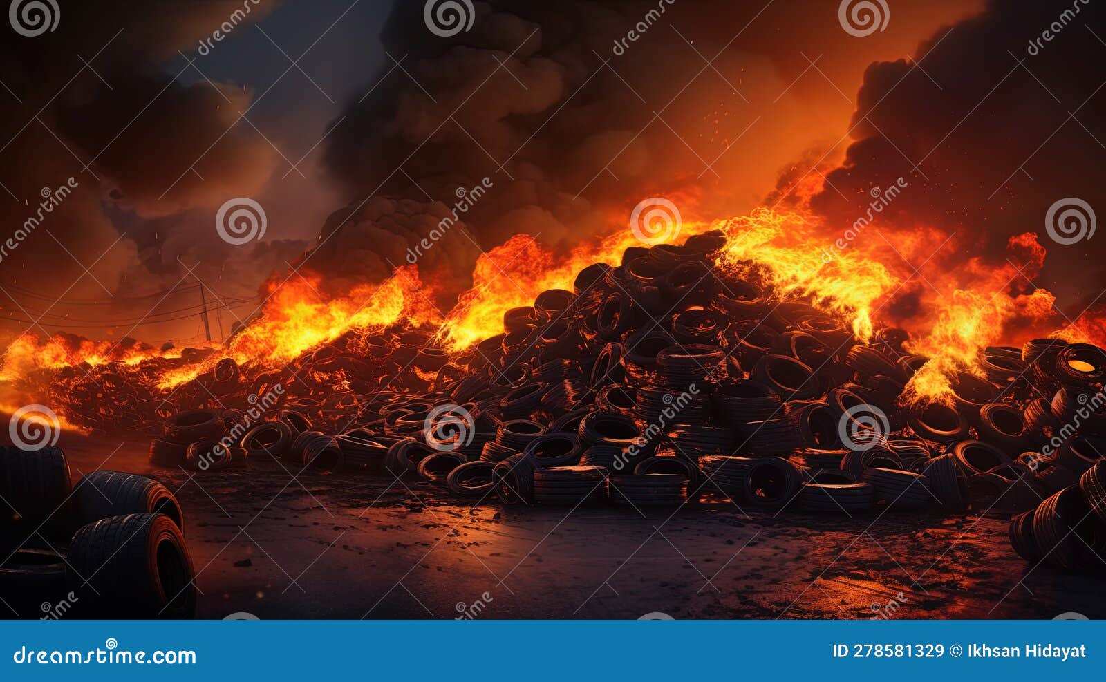 Piles of Tires on Fire, Plumes of Smoke Stock Illustration ...