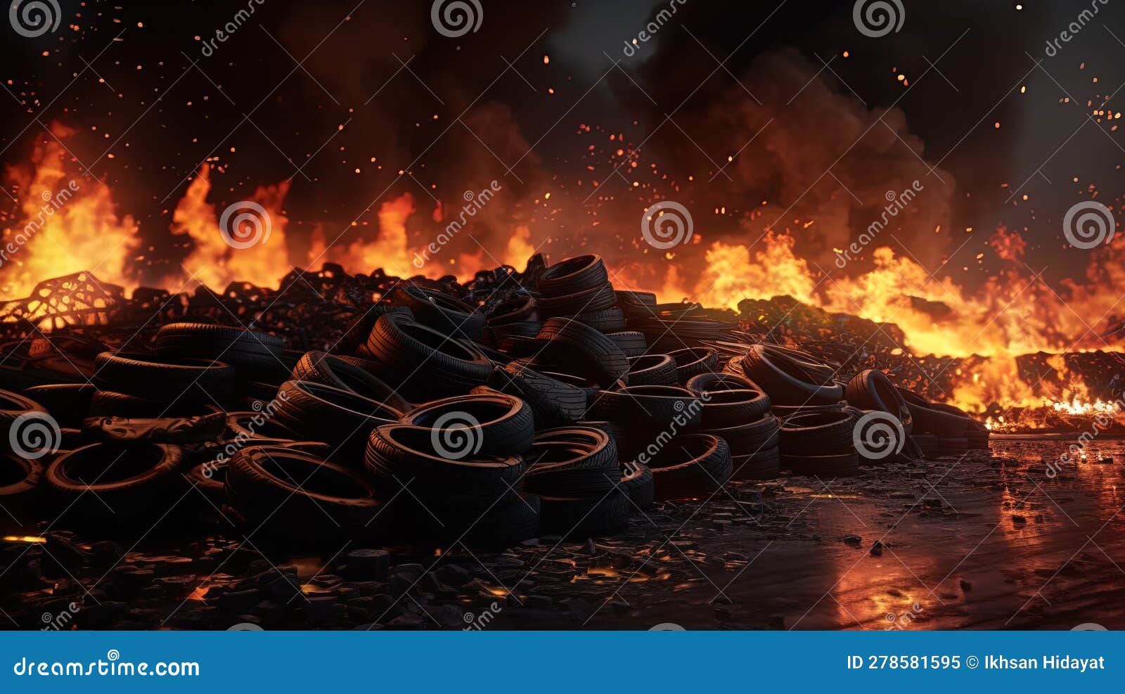 Piles of Tires on Fire, Plumes of Smoke Stock Illustration ...