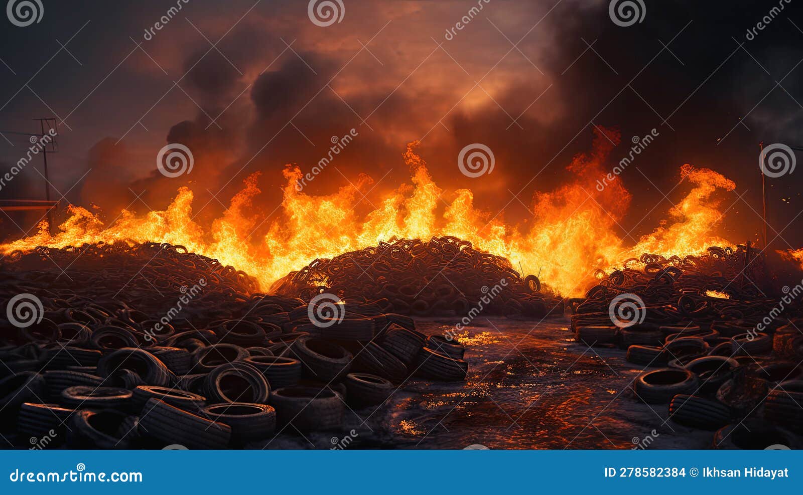 Piles of Tires on Fire, Plumes of Smoke Stock Illustration ...