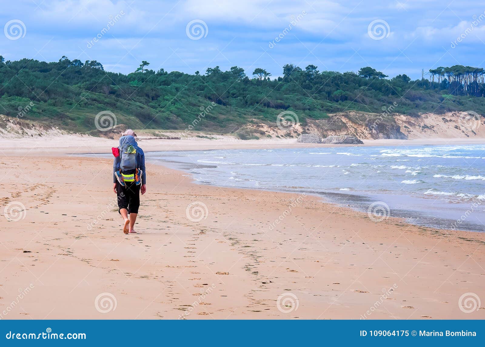 Pilgrim with Backpack Going on Beach on the North Way Camino De Stock ...