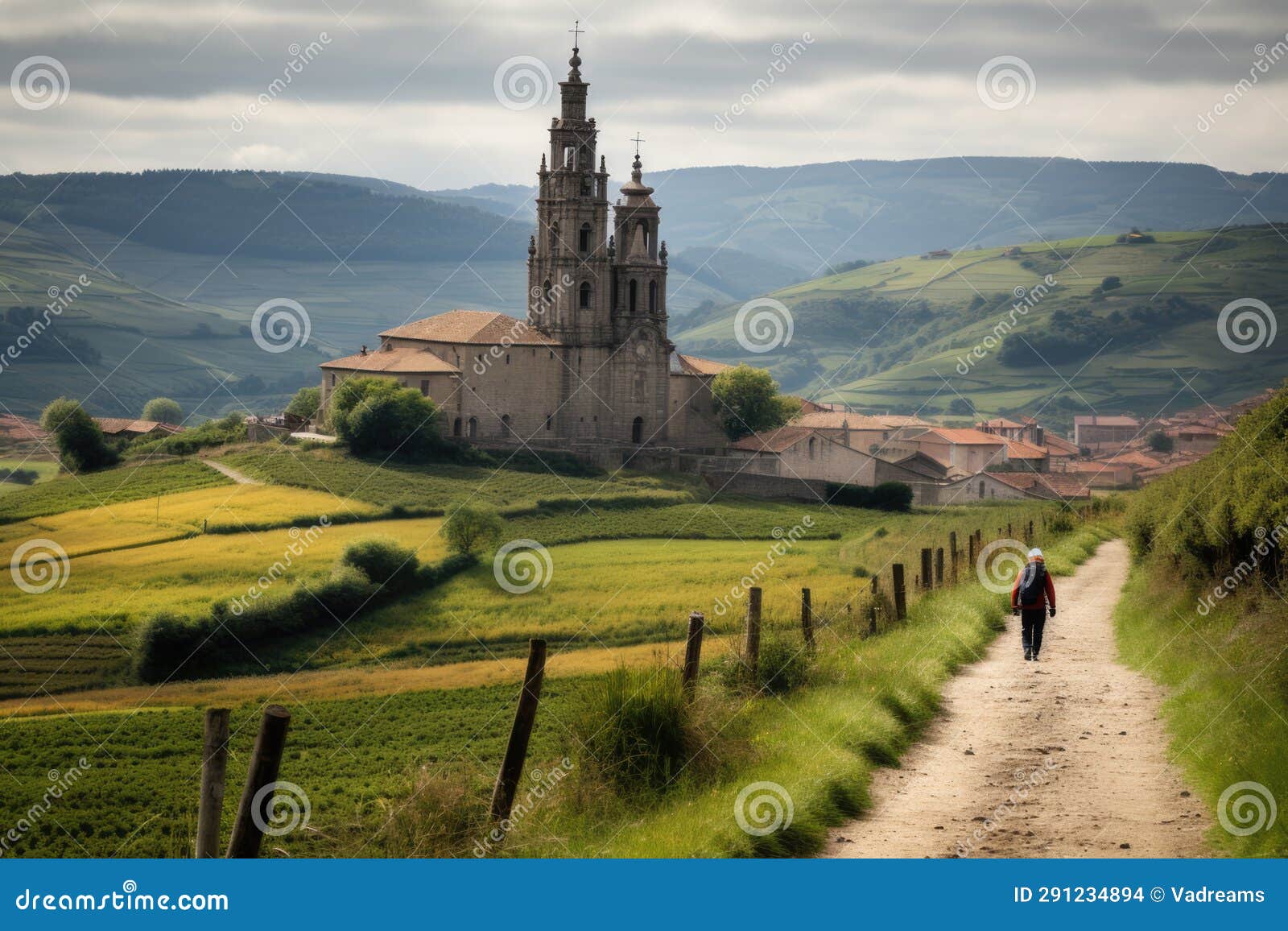 Pilgrim with Backpack Walking Pilgrimage Route. Unpaved Pilgrim Road ...