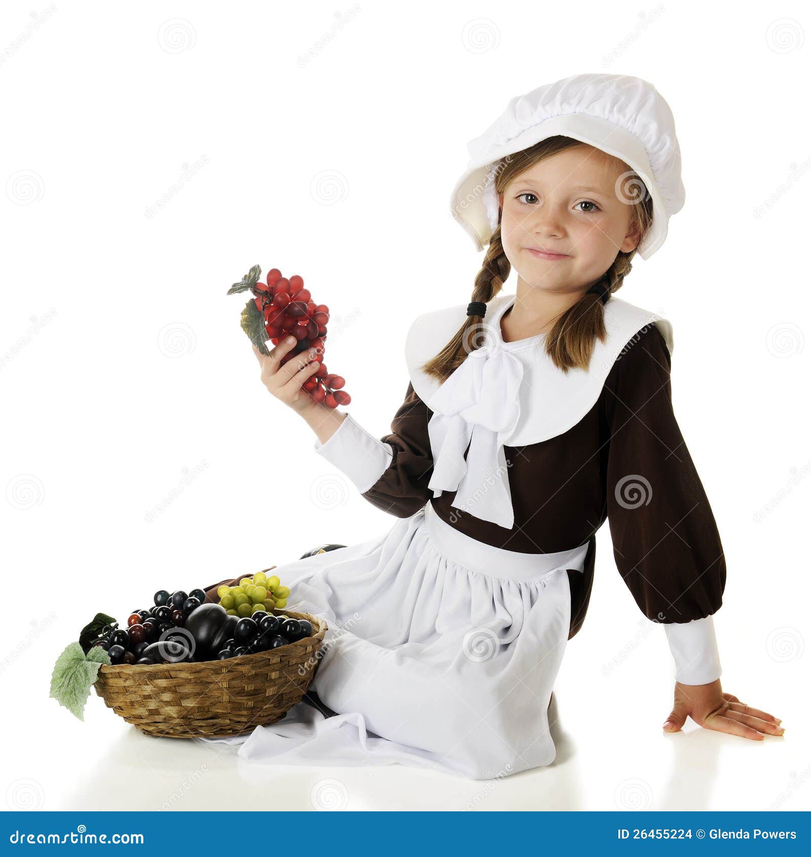 Pilgrim Girl S Fruit Basket Stock Photo - Image of female, sitting ...
