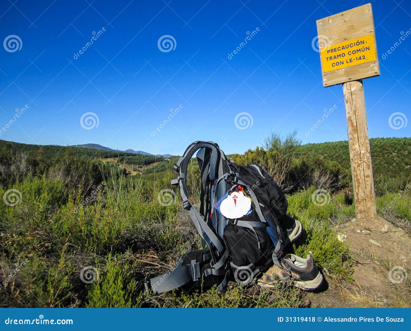 Pilgrim s backpack stock photo. Image of camino, back - 31319418