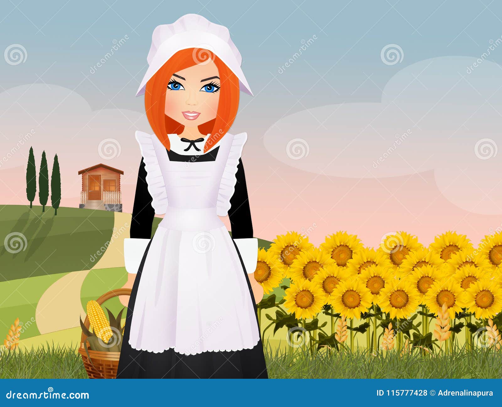 Pilgrim Woman Prepares the Harvest Stock Illustration - Illustration of ...
