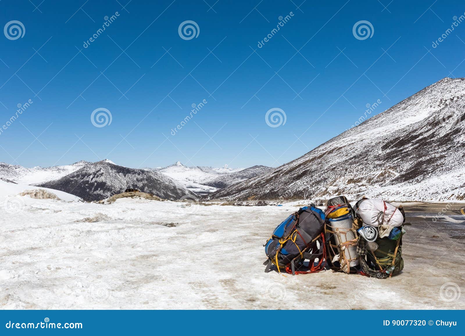 Pilgrims Backpack with Snow Mountain Stock Photo - Image of tourist ...
