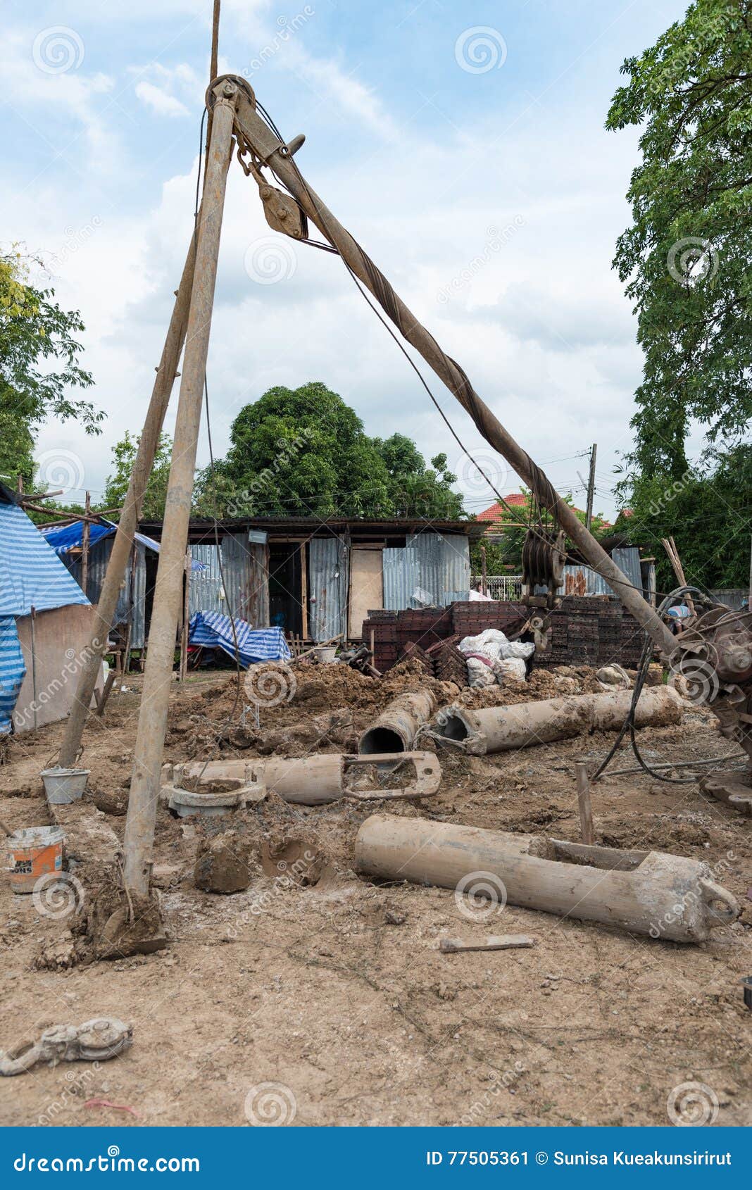 Piling tripod stock image. Image of building, earth, cable - 77505361
