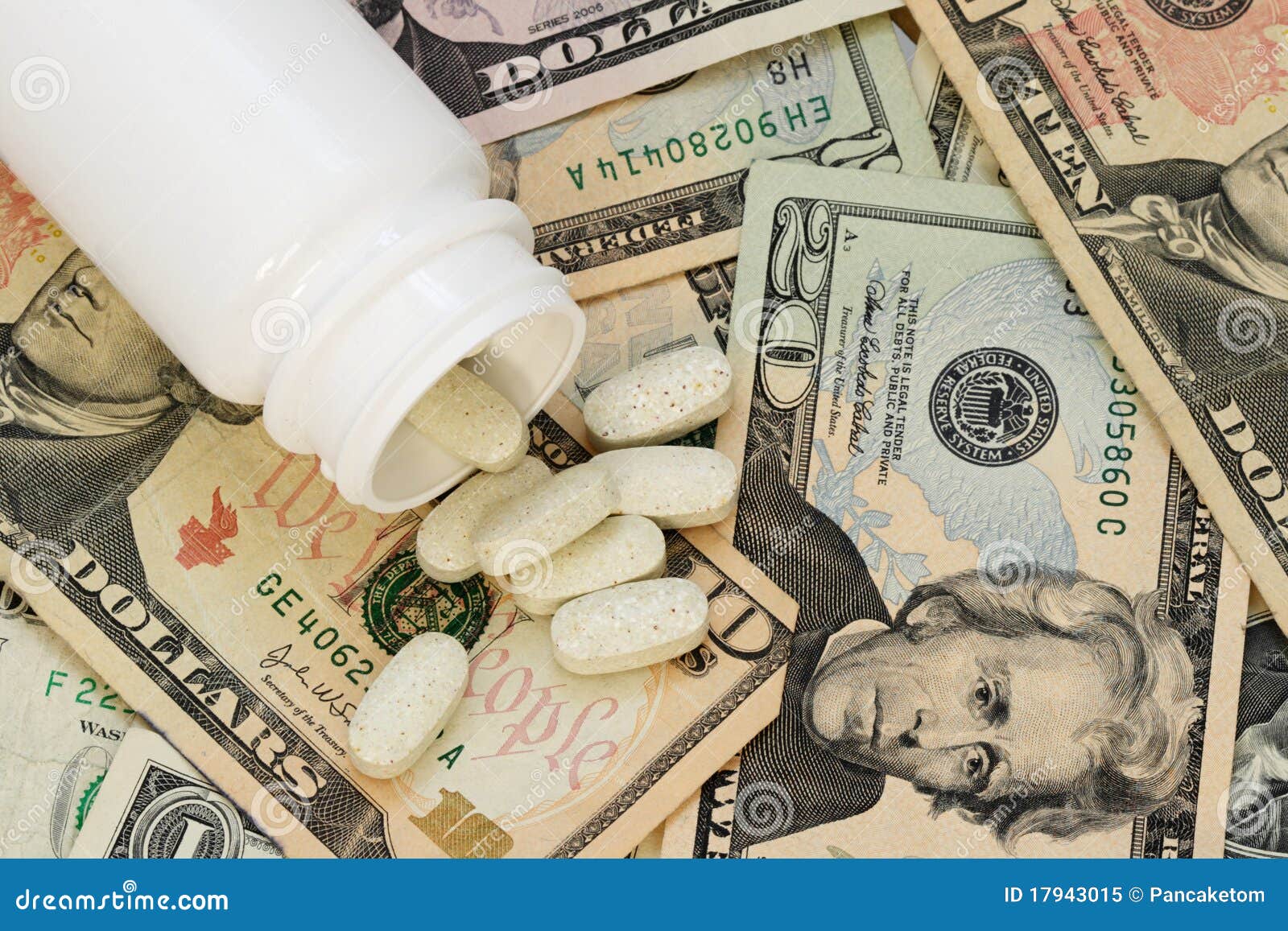 Pill Bottle And Drugs On Money Royalty Free Stock Photo - Image: 17943015