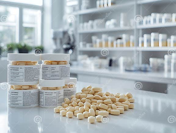 Pill Containers and Tablets on Clean White Countertop in Pharmacy ...