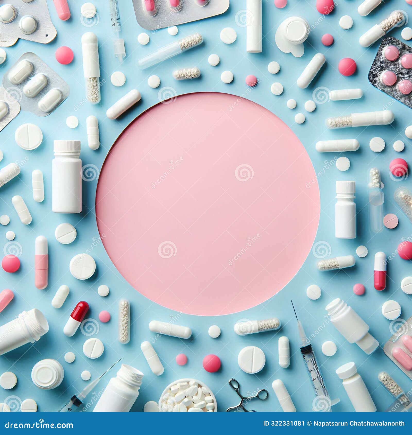 Pill Palette Diverse Medications in Circle Frame on Blue Background ...